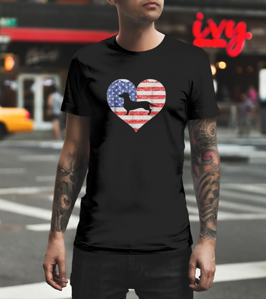 American Flag Heart With Dachshund Silhouette US Love T-Shirt