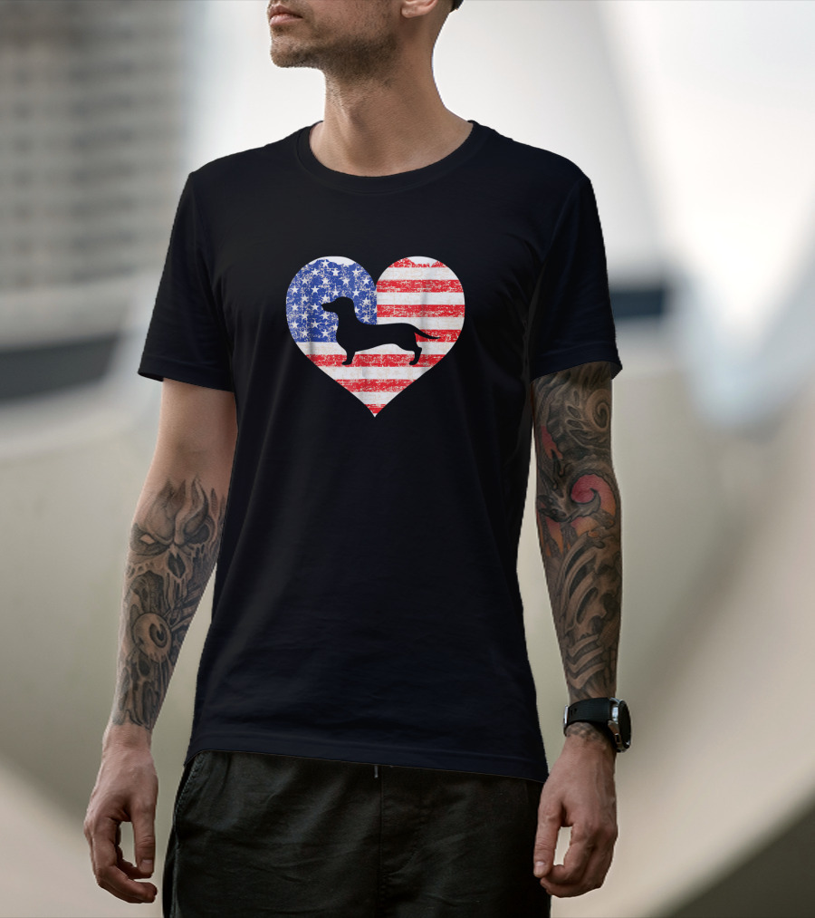 American Flag Heart With Dachshund Silhouette US Love T-Shirt