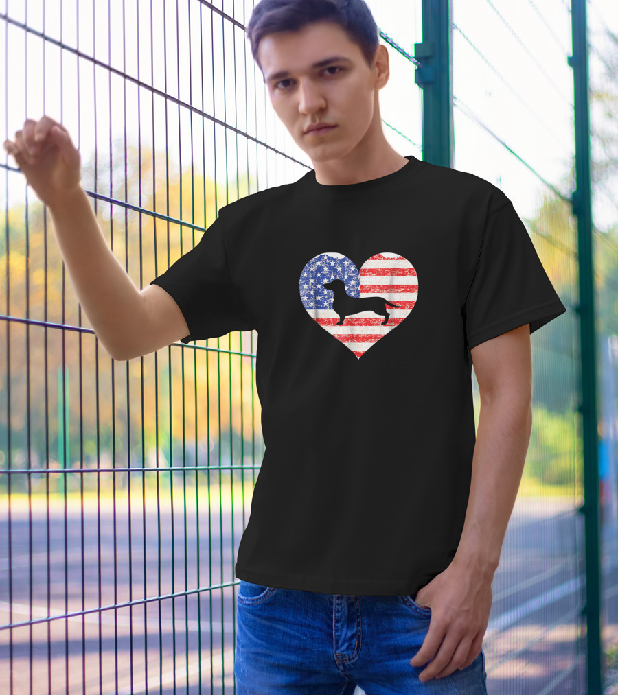 American Flag Heart With Dachshund Silhouette US Love T-Shirt