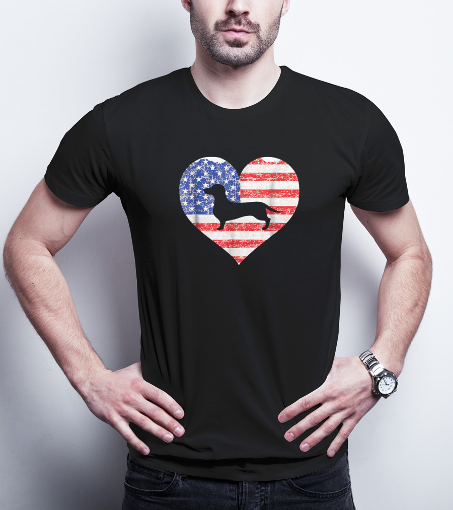 American Flag Heart With Dachshund Silhouette US Love T-Shirt