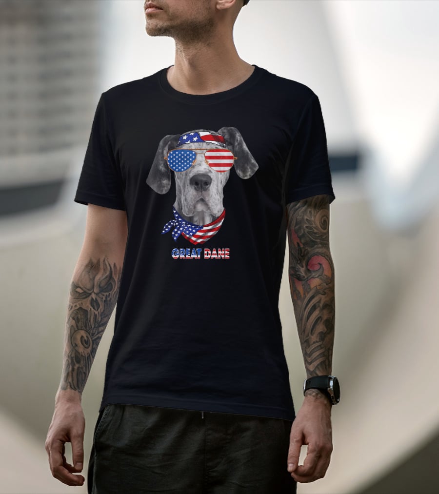 Great Dane Dog In American Flag Glasses And Bandana T-Shirt