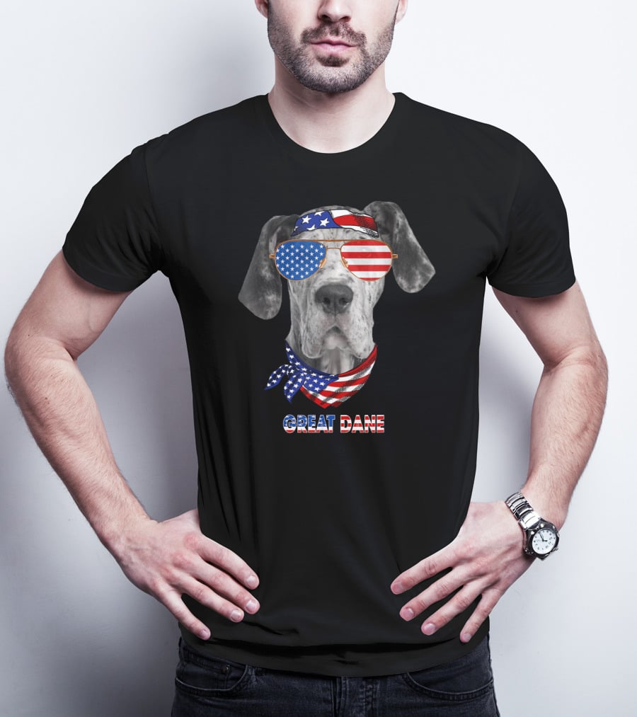 Great Dane Dog In American Flag Glasses And Bandana T-Shirt