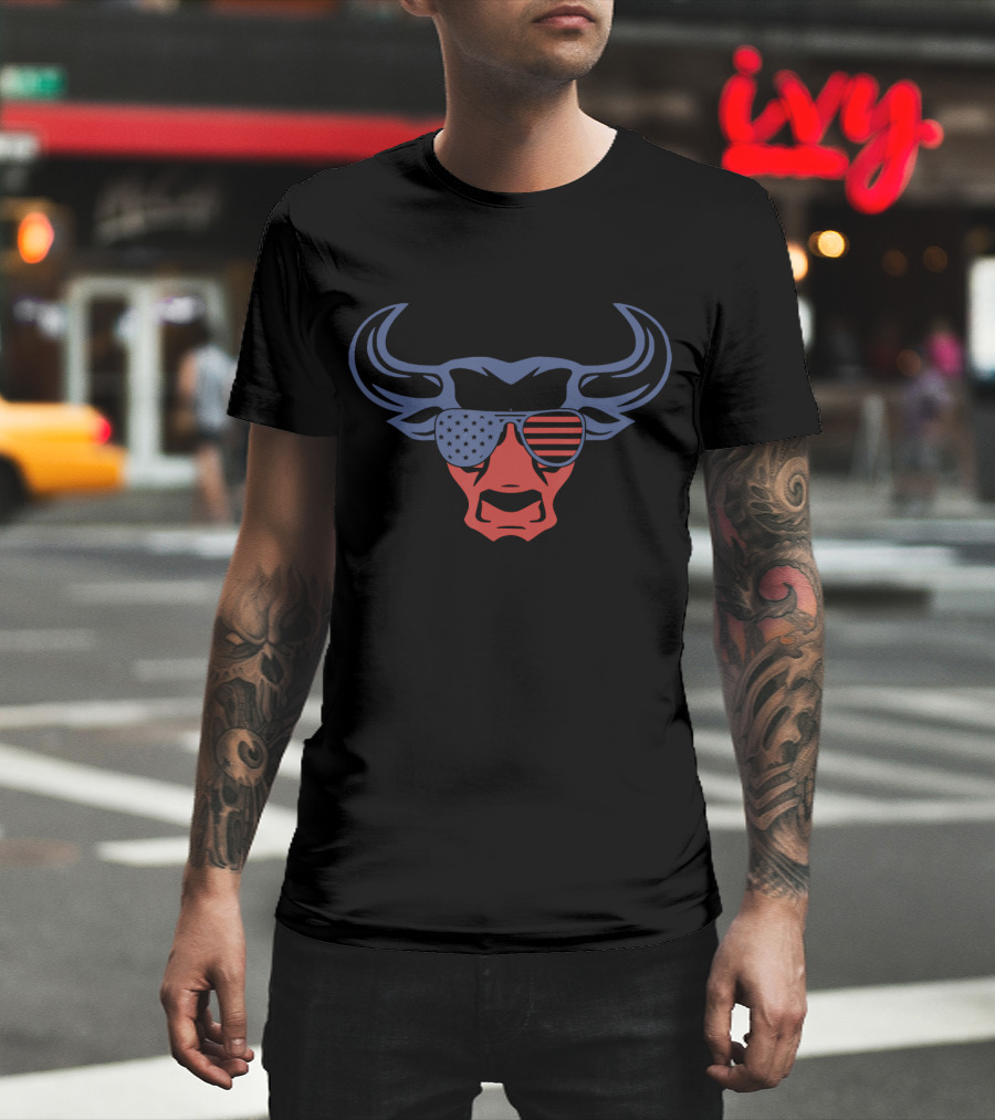 Patriotic American Rodeo Bull With Stars And Stripes Sunglasses T-Shirt