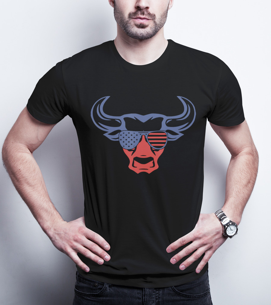 Patriotic American Rodeo Bull With Stars And Stripes Sunglasses T-Shirt