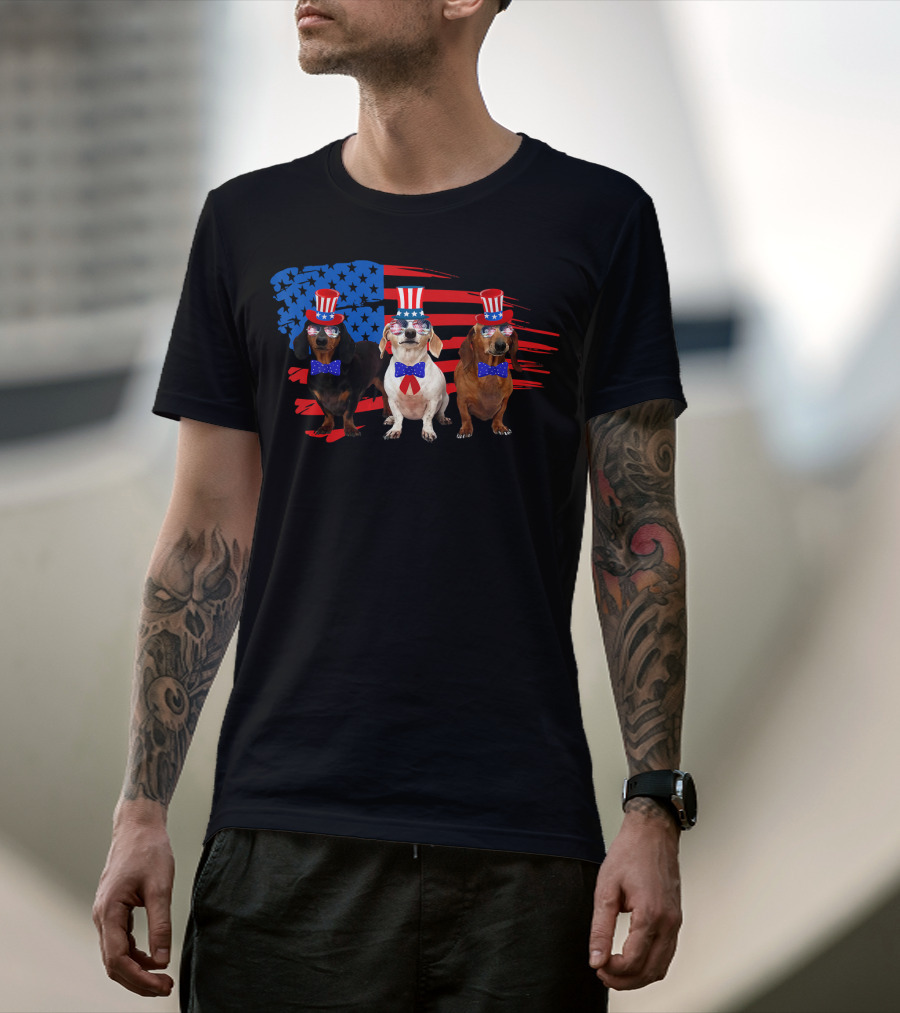 American Patriotic Dachshund Lover July Independence Day Trio T-Shirt