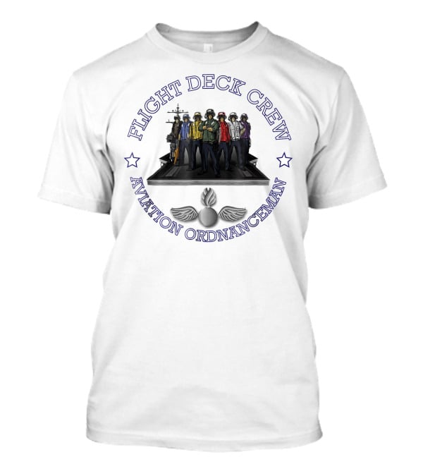 Flight Deck Crew Aviation Ordnanceman Team With Aircraft Carrier Background T-Shirt