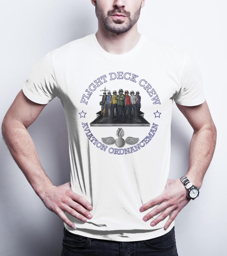 Flight Deck Crew Aviation Ordnanceman Team With Aircraft Carrier Background T-Shirt