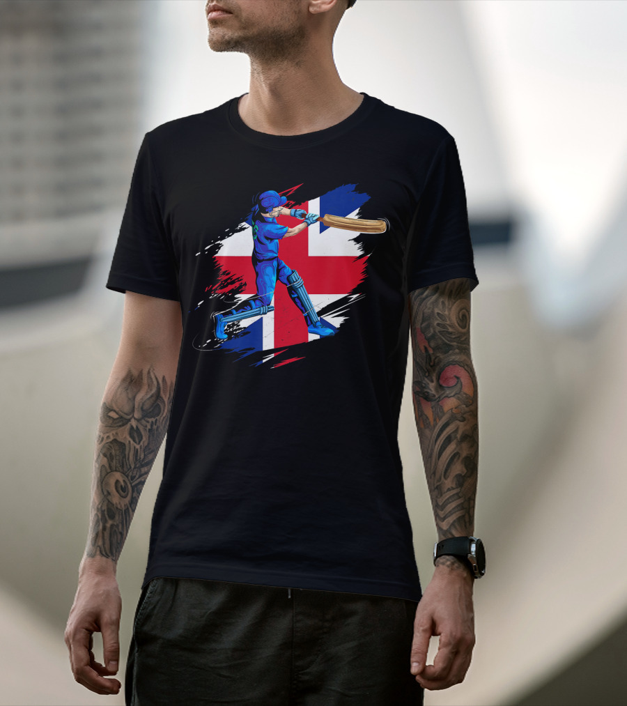 England Cricket Team English Cricket Batter Union Jack Background T-Shirt