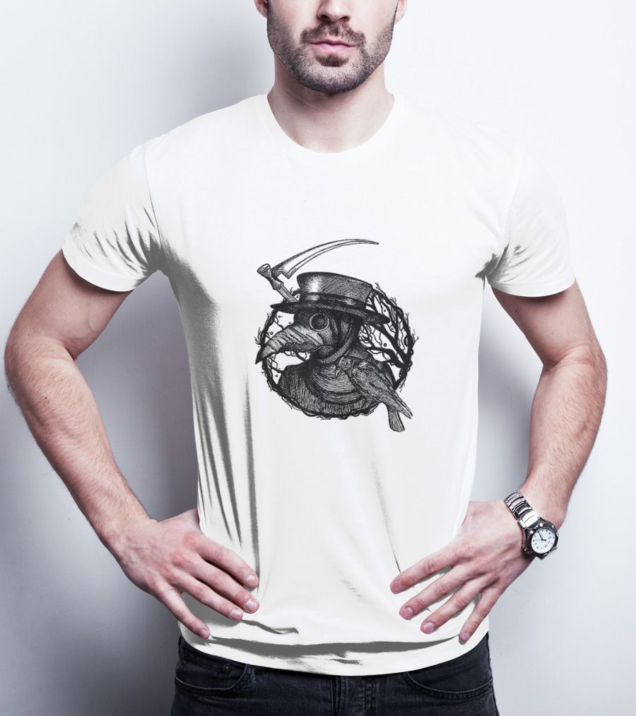 Plague Doctor Medieval Bird Mask With Scythe And Crow T-Shirt