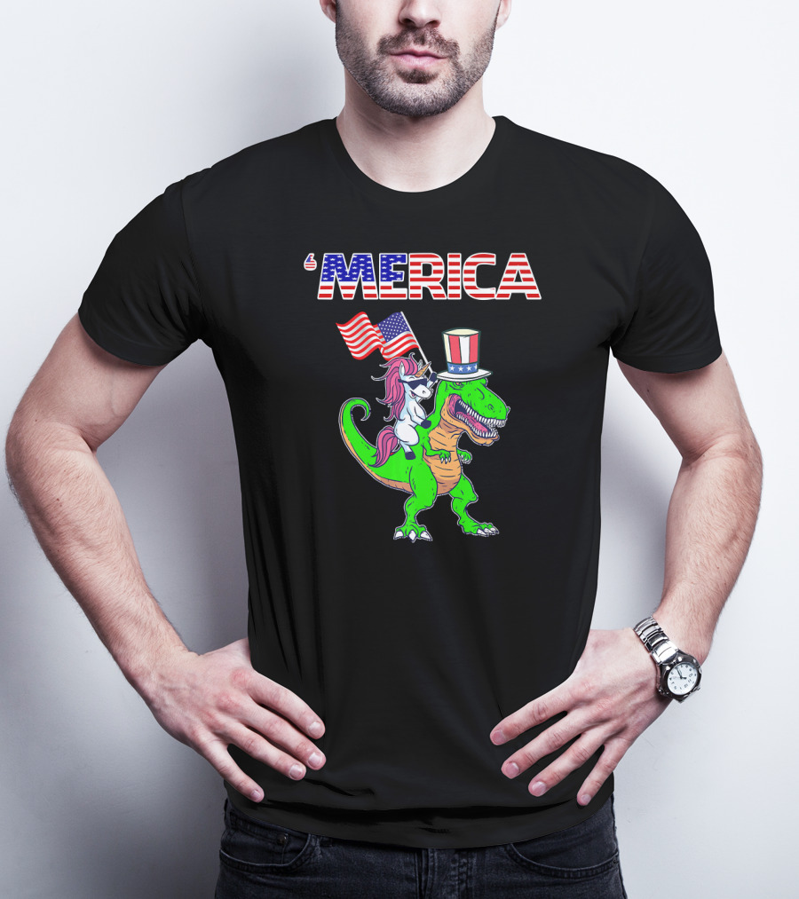 'Merica Dinosaur Unicorn Flags Top Hat T-Shirt