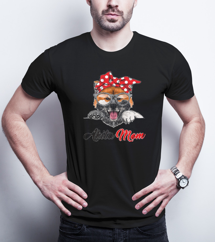 Akita Mom Funny Dog With Red Polka Dot Bow And Glasses T-Shirt