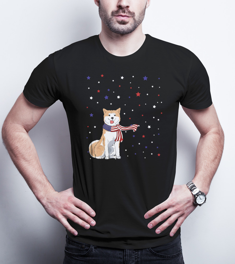 Akita Inu Patriotic American Flag Scarf Stars T-Shirt