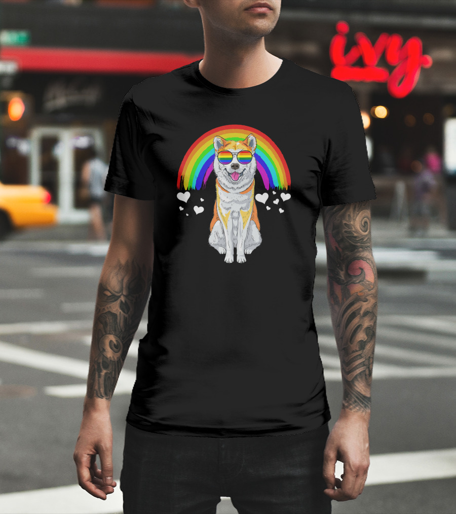 Akita Inu Rainbow Pride Sunglasses Hearts T-Shirt