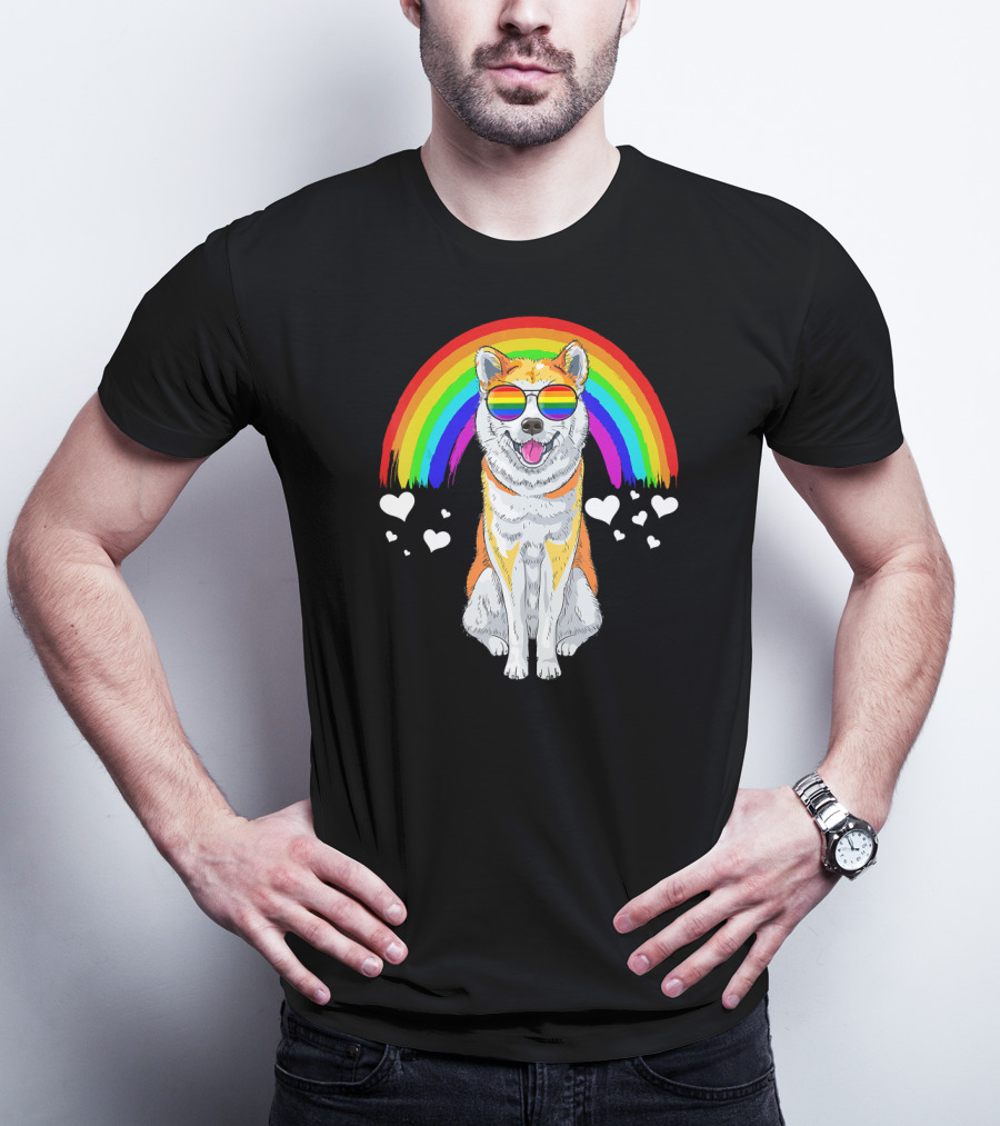 Akita Inu Rainbow Pride Sunglasses Hearts T-Shirt
