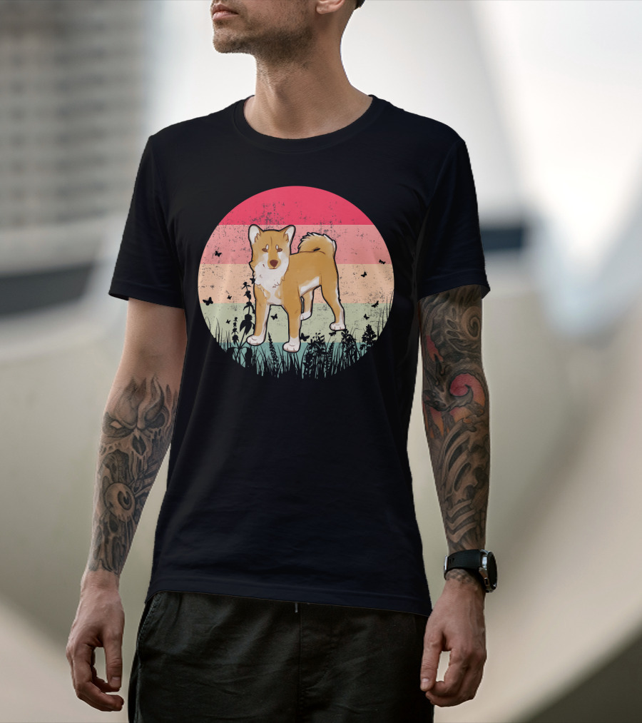 Akita Inu Vintage Retro Akit Circle Silhouette With Stripes And Butterflies T-Shirt