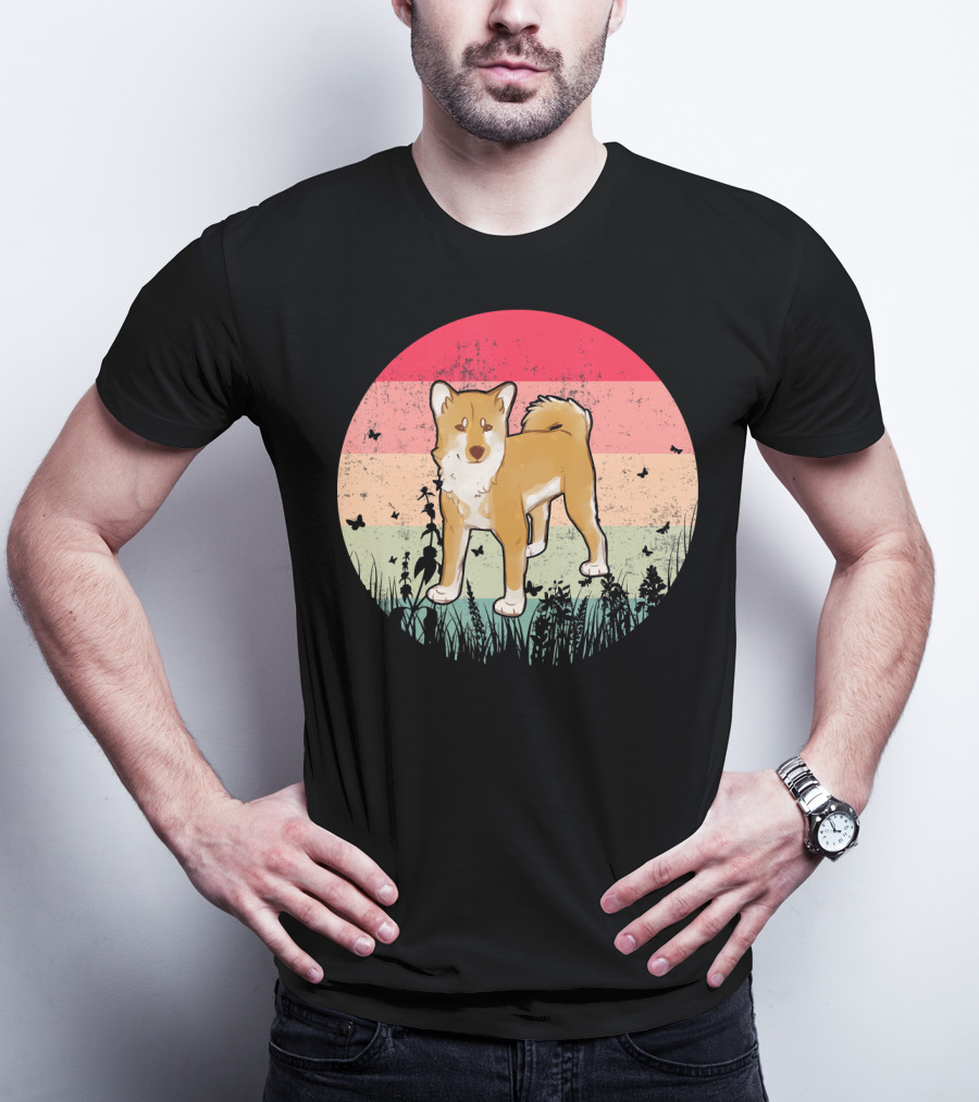 Akita Inu Vintage Retro Akit Circle Silhouette With Stripes And Butterflies T-Shirt