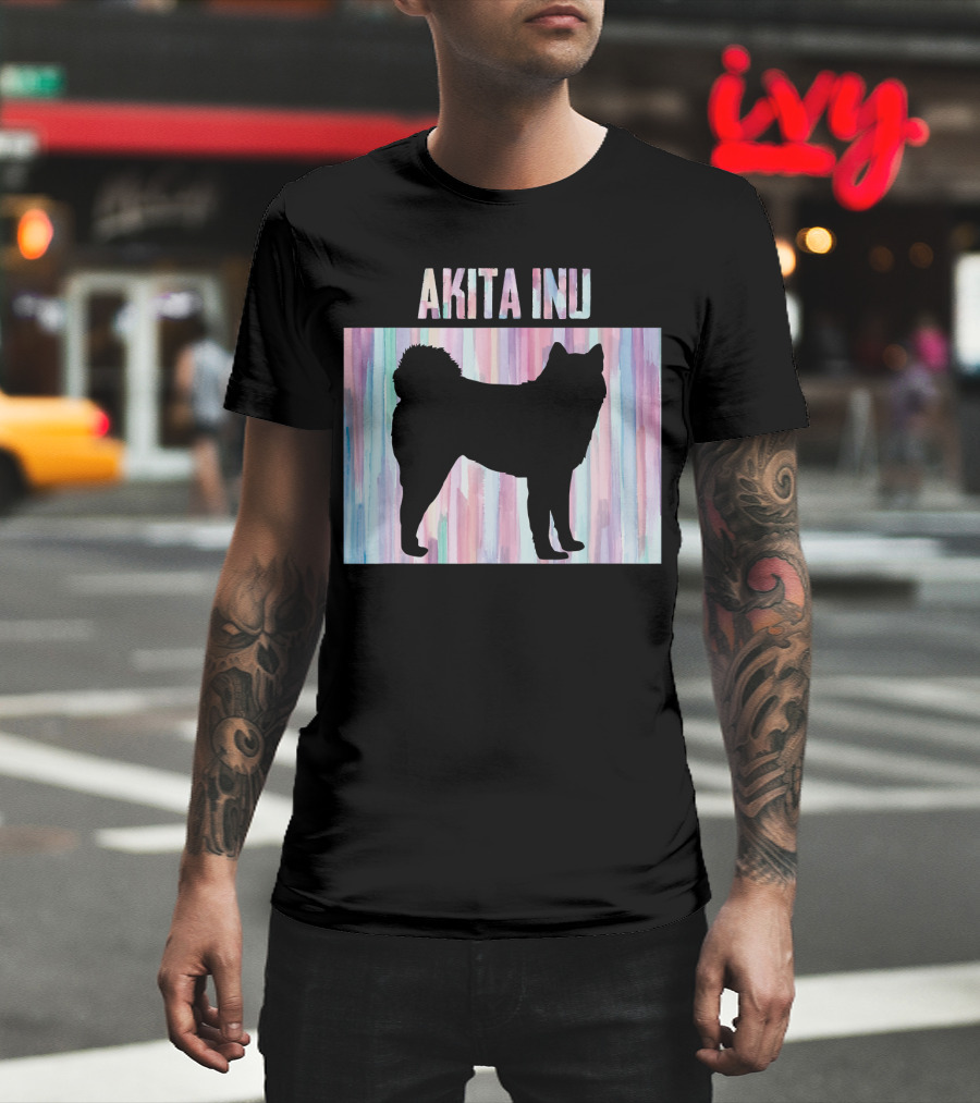 AKITA INU Silhouette On Pastel Watercolor Stripes T-Shirt