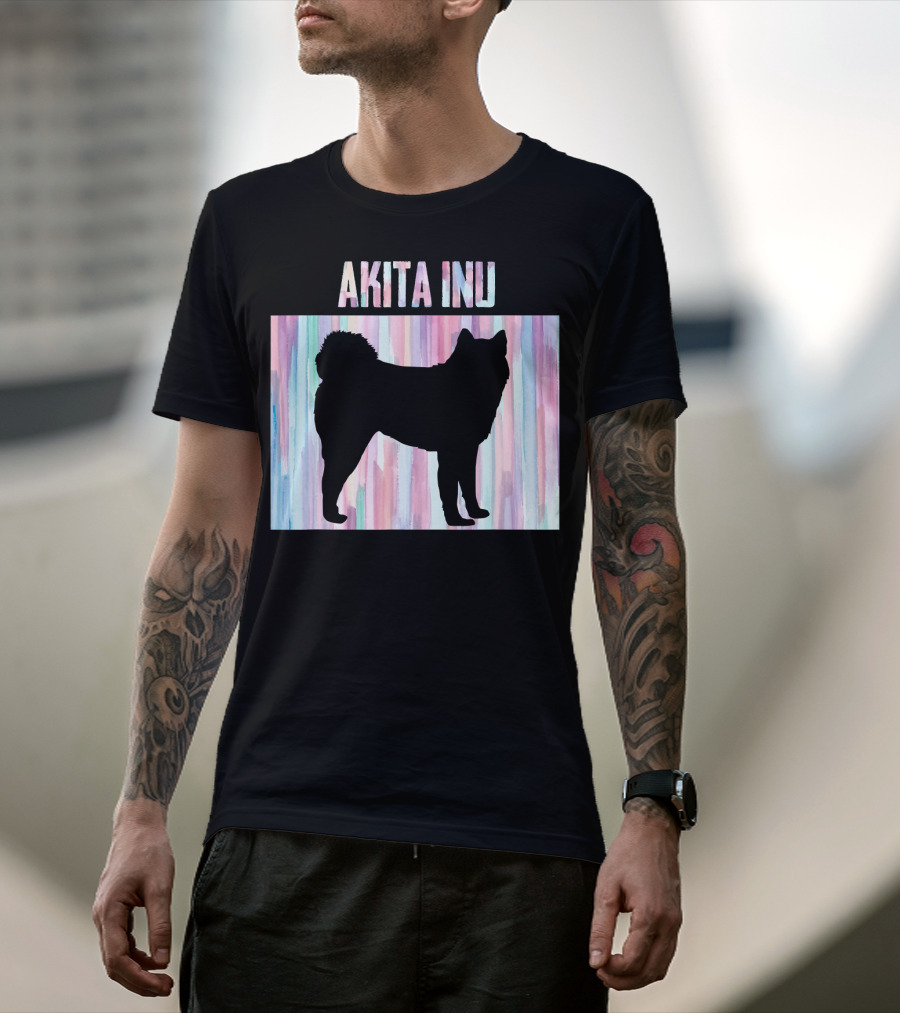 AKITA INU Silhouette On Pastel Watercolor Stripes T-Shirt