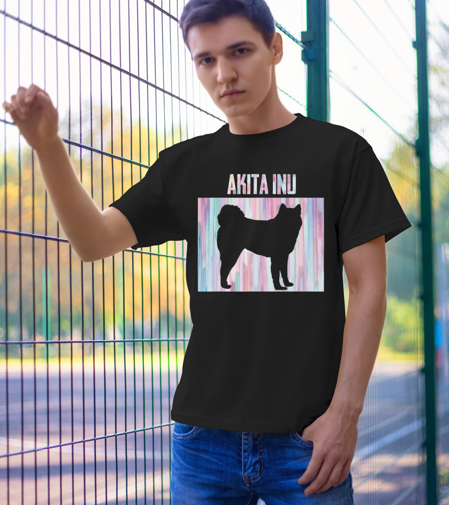 AKITA INU Silhouette On Pastel Watercolor Stripes T-Shirt