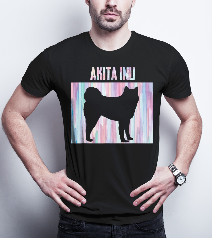 AKITA INU Silhouette On Pastel Watercolor Stripes T-Shirt