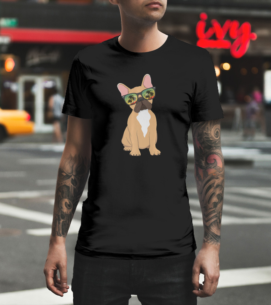 Aloha Beach French Bulldog With Vintage Sunglasses And Palm Trees T-Shirt