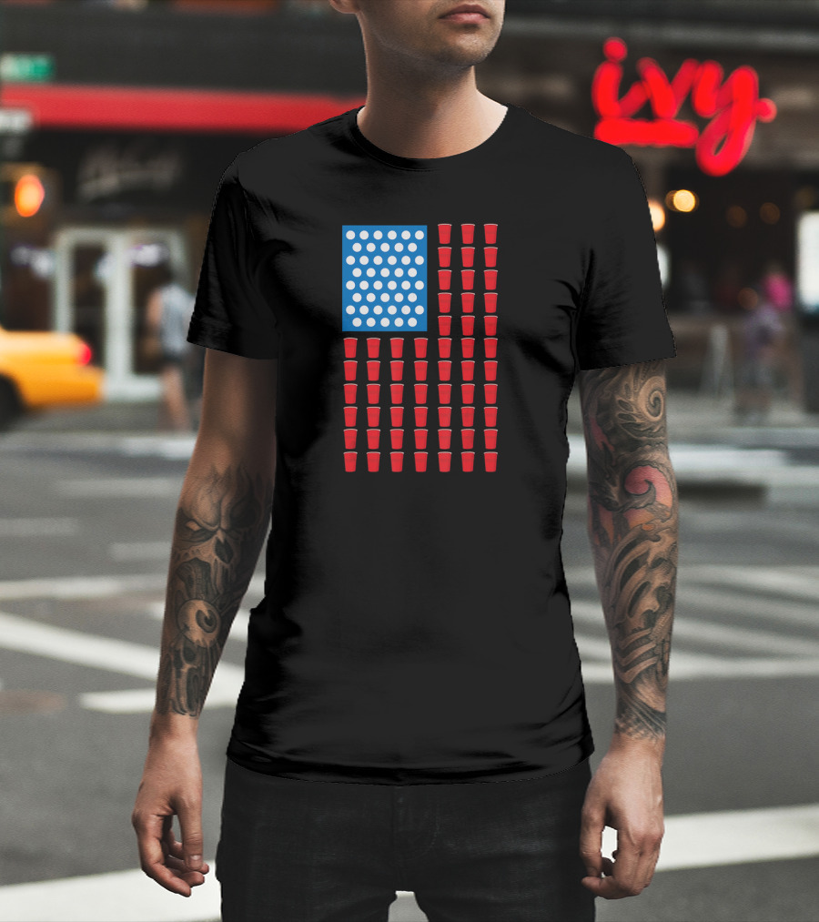 American Flag Beer Pong Red Cup Pattern Patriotic Party T-Shirt