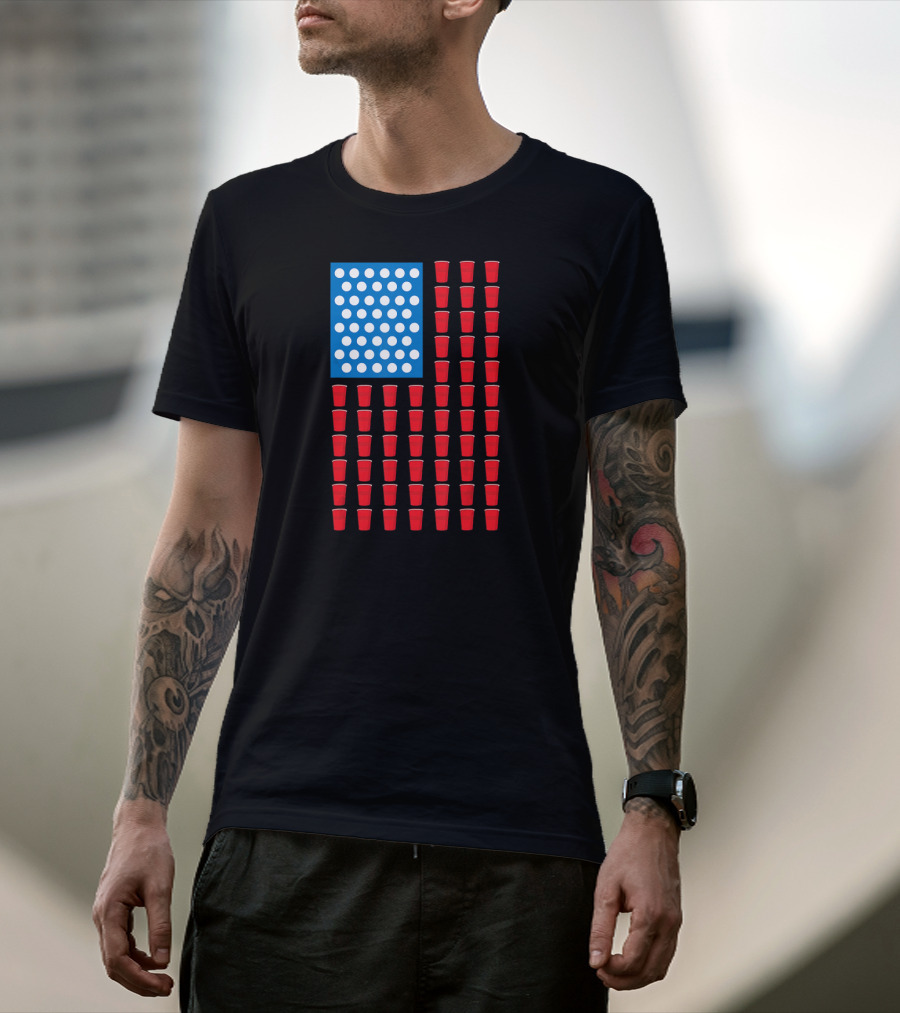 American Flag Beer Pong Red Cup Pattern Patriotic Party T-Shirt