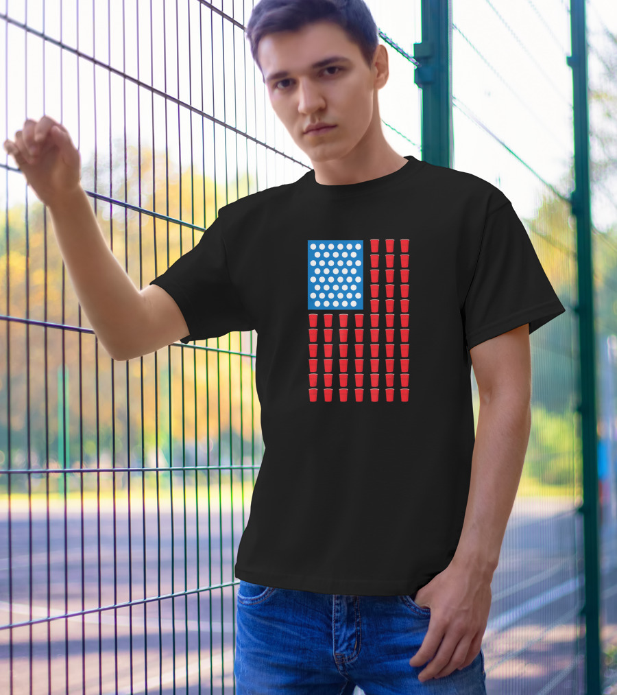 American Flag Beer Pong Red Cup Pattern Patriotic Party T-Shirt