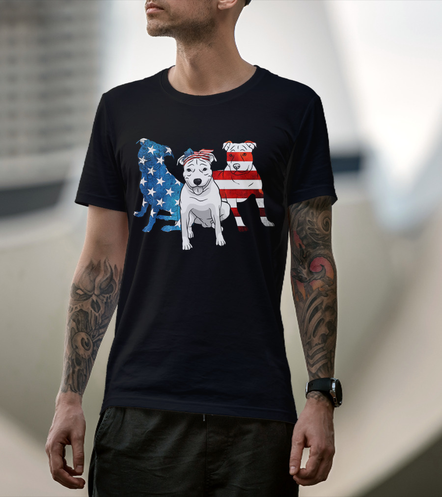 American Pitbull Trio With US Flag T-Shirt