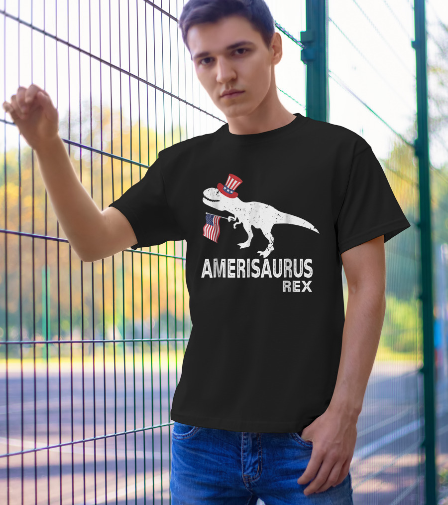 Amerisaurus Rex Patriotic Dinosaur With Uncle Sam Hat And American Flag T-Shirt