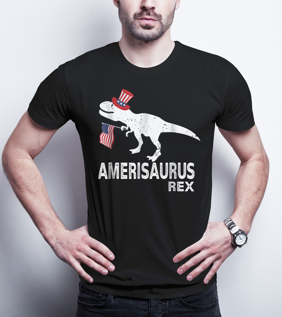 Amerisaurus Rex Patriotic Dinosaur With Uncle Sam Hat And American Flag T-Shirt