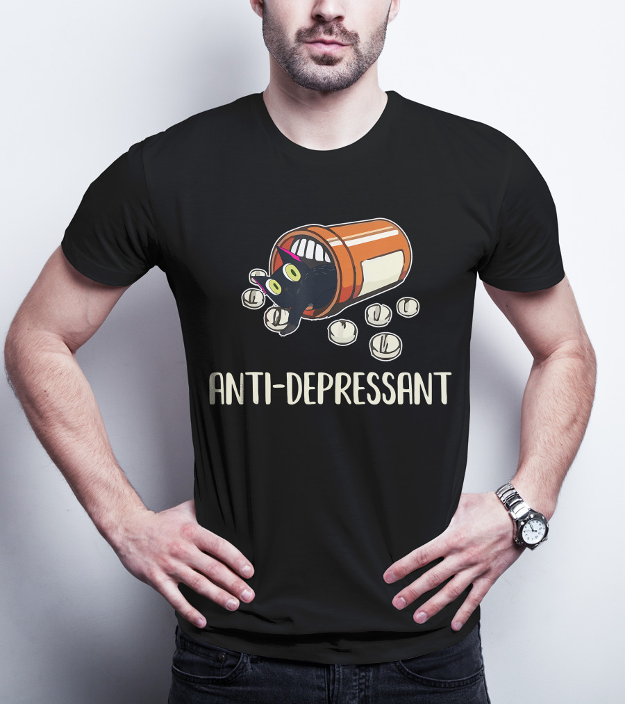Anti-Depressant Funny Black Cat In Pill Bottle T-Shirt