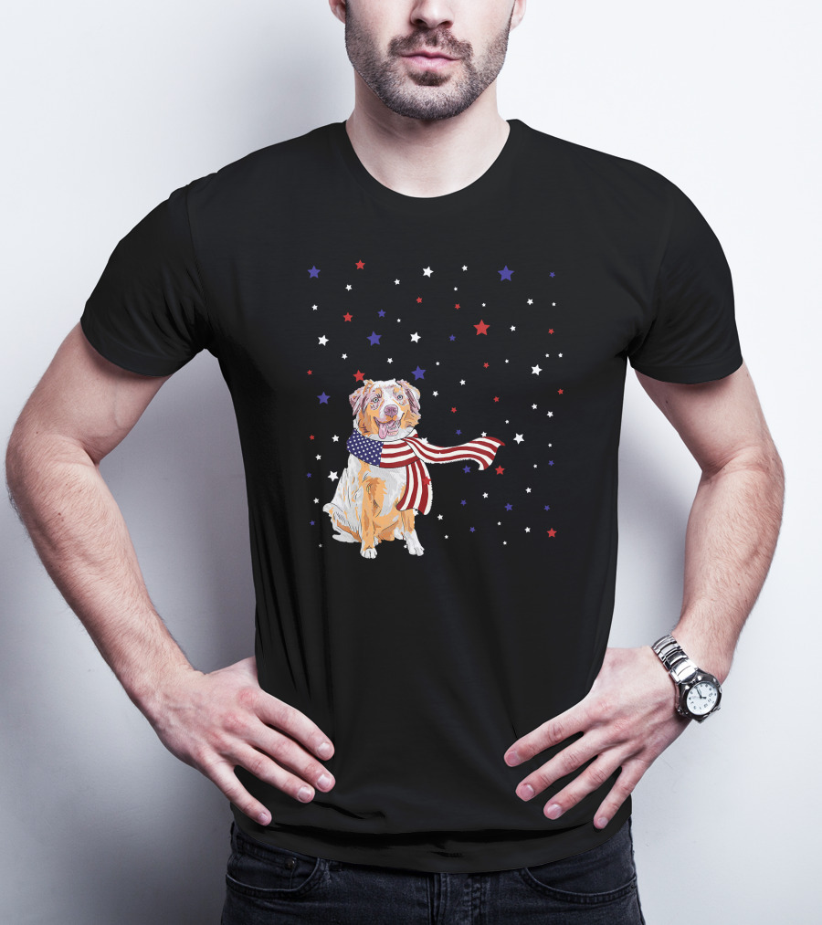 Australian Shepherd Dog With American Flag Scarf Surrounded By Stars T-Shirt