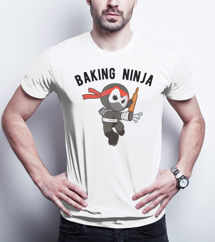 Baking Ninja Funny Ninjutsu Rolling Pin Warrior With Spoons And Red Headband T-Shirt