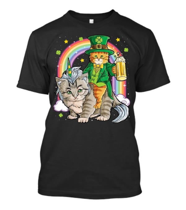 St. Patrick's Day Cat Riding Unicorn With Rainbow And Beer T-Shirt