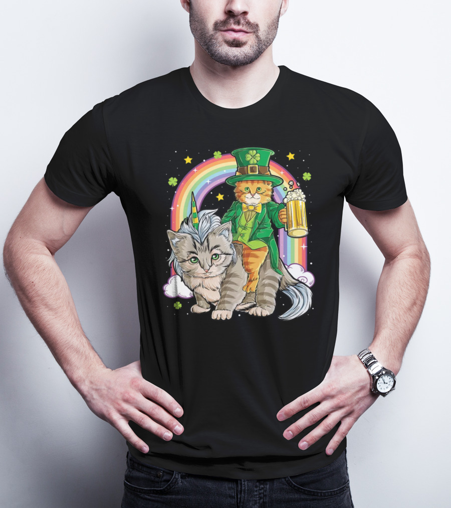 St. Patrick's Day Cat Riding Unicorn With Rainbow And Beer T-Shirt