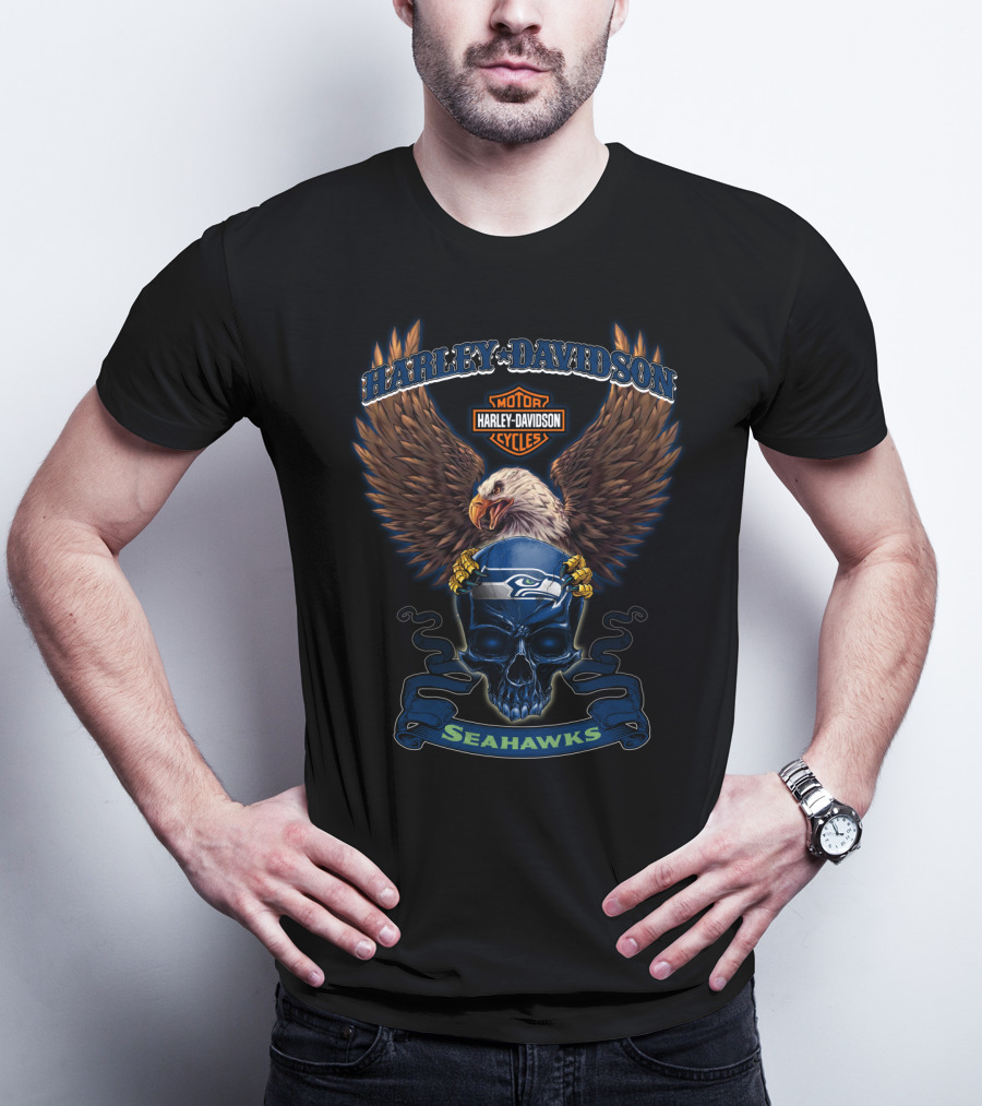 Harley Davidson Motorcycles Seahawks Eagle Skull T-Shirt