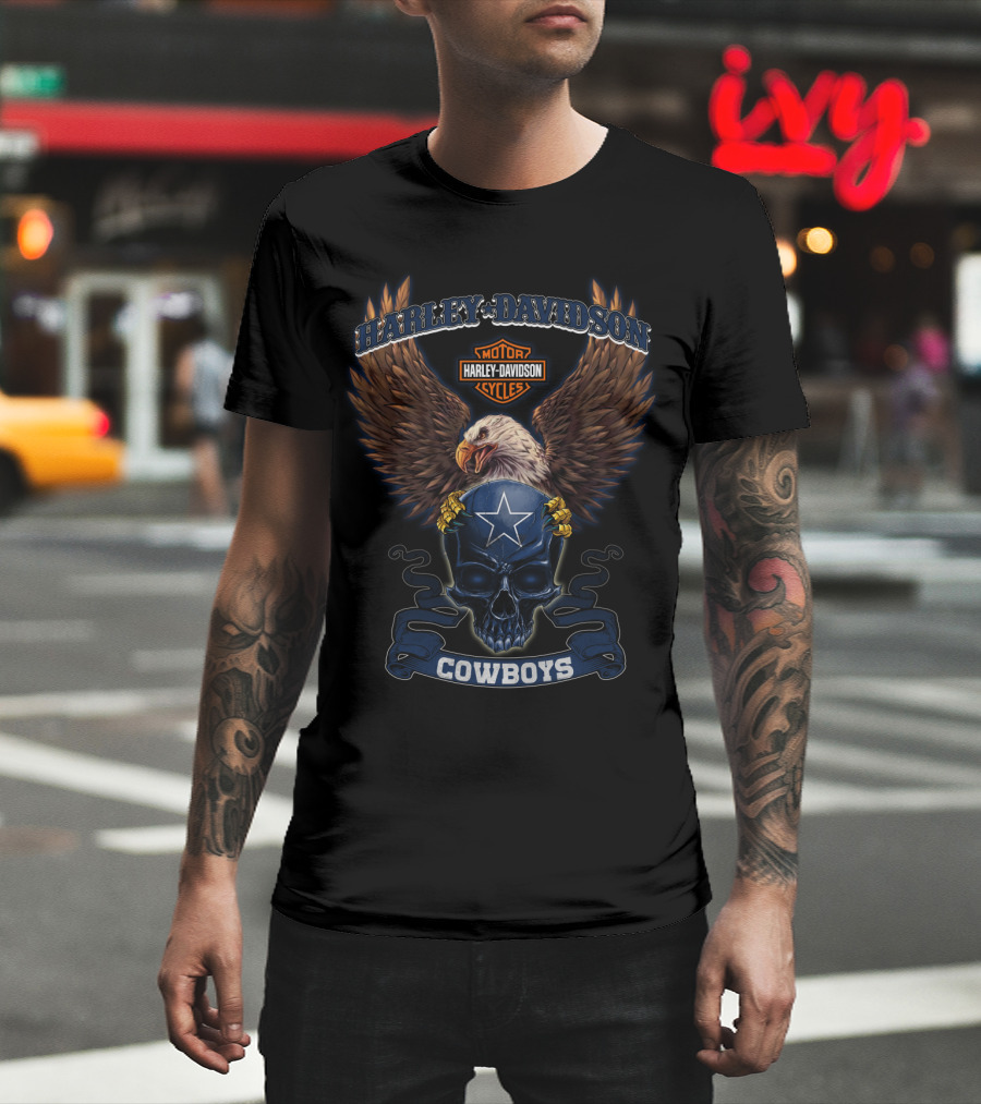 Harley Davidson Cowboys Motorcycles Eagle Skull Star T-Shirt