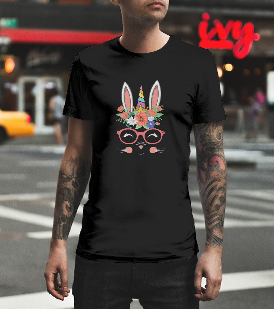 Unicorn Bunny With Glasses And Floral Crown T-Shirt