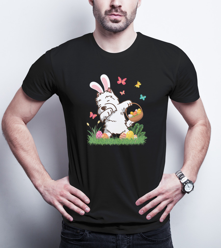 Westie Dog In Bunny Ears Dabbing With Easter Egg Basket And Butterflies T-Shirt