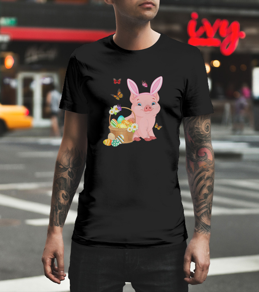 Pig Wearing Bunny Ears With Easter Egg Basket And Butterflies T-Shirt
