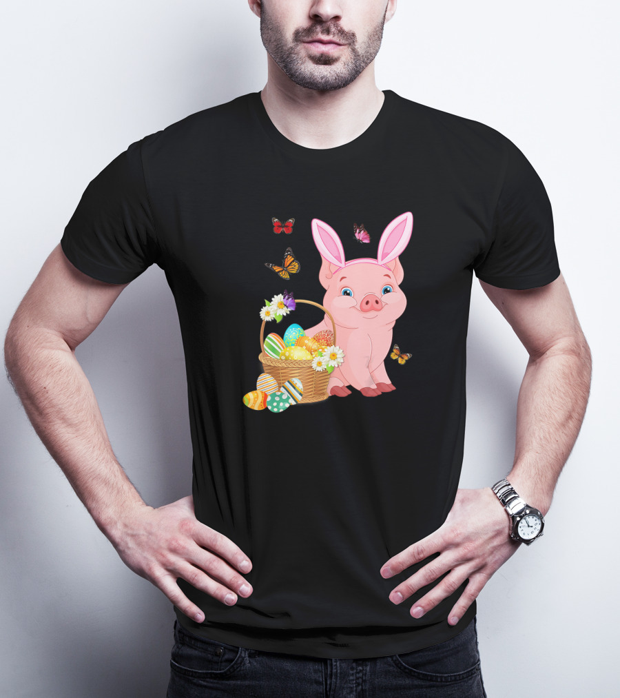 Pig Wearing Bunny Ears With Easter Egg Basket And Butterflies T-Shirt