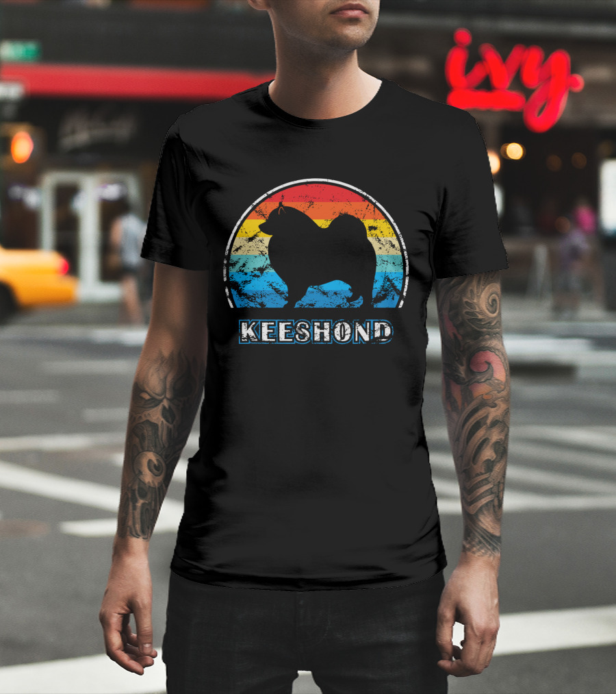 Keeshond Retro Silhouette Rainbow Stripes T-Shirt