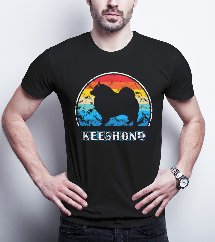Keeshond Retro Silhouette Rainbow Stripes T-Shirt