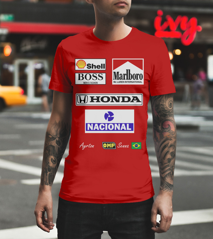 Shell Boss Marlboro McLaren Honda Nacional Ayrton Senna OMP Brazil Flag T-Shirt