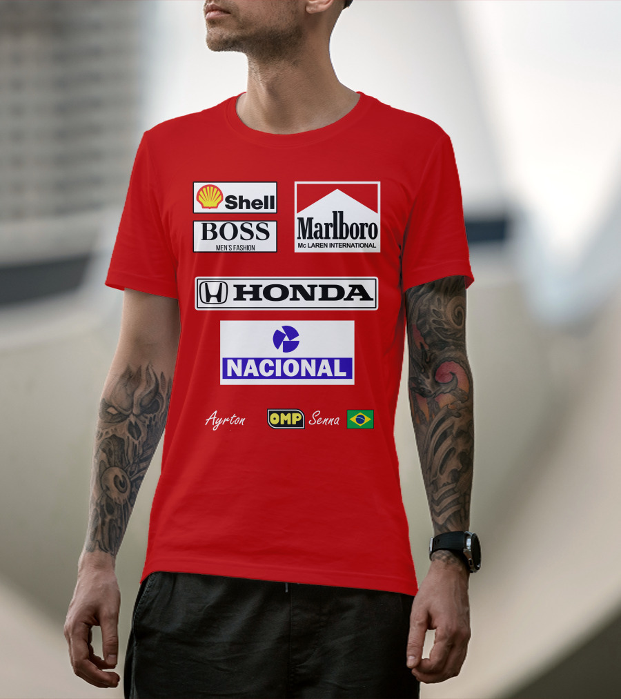 Shell Boss Marlboro McLaren Honda Nacional Ayrton Senna OMP Brazil Flag T-Shirt