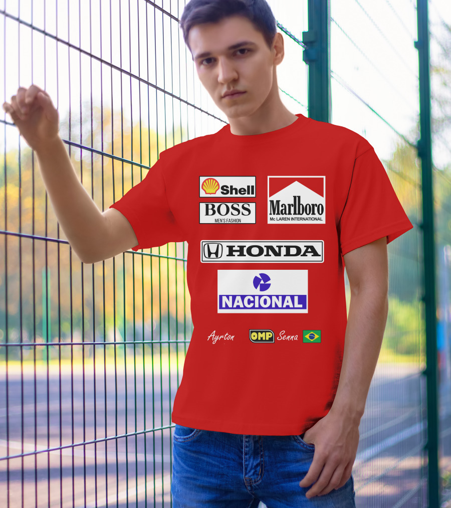 Shell Boss Marlboro McLaren Honda Nacional Ayrton Senna OMP Brazil Flag T-Shirt