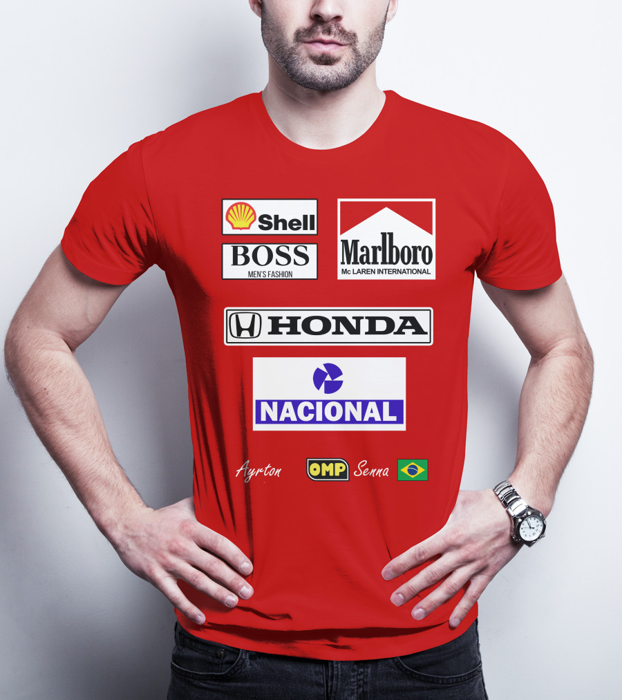 Shell Boss Marlboro McLaren Honda Nacional Ayrton Senna OMP Brazil Flag T-Shirt