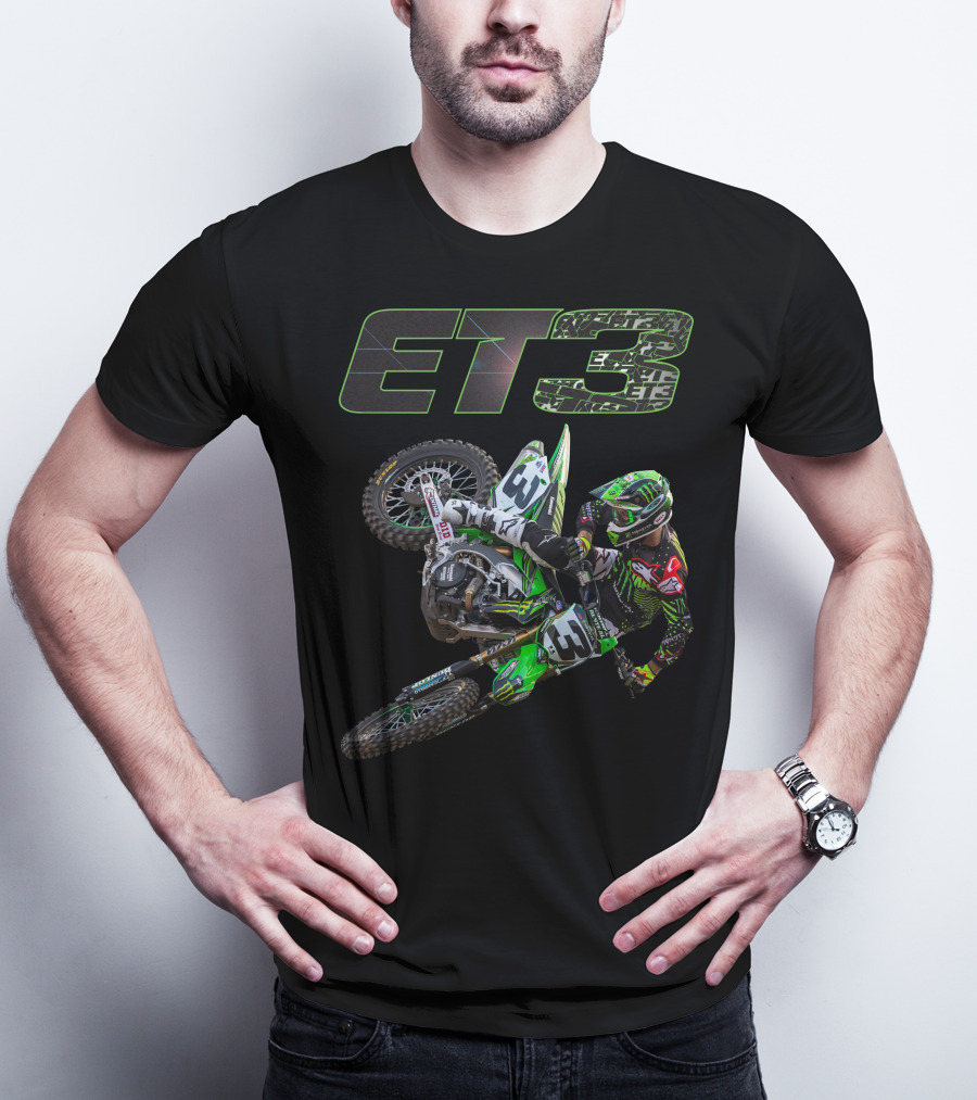 ET3 Motor Cross Rider In Action With Green Racing Gear T-Shirt