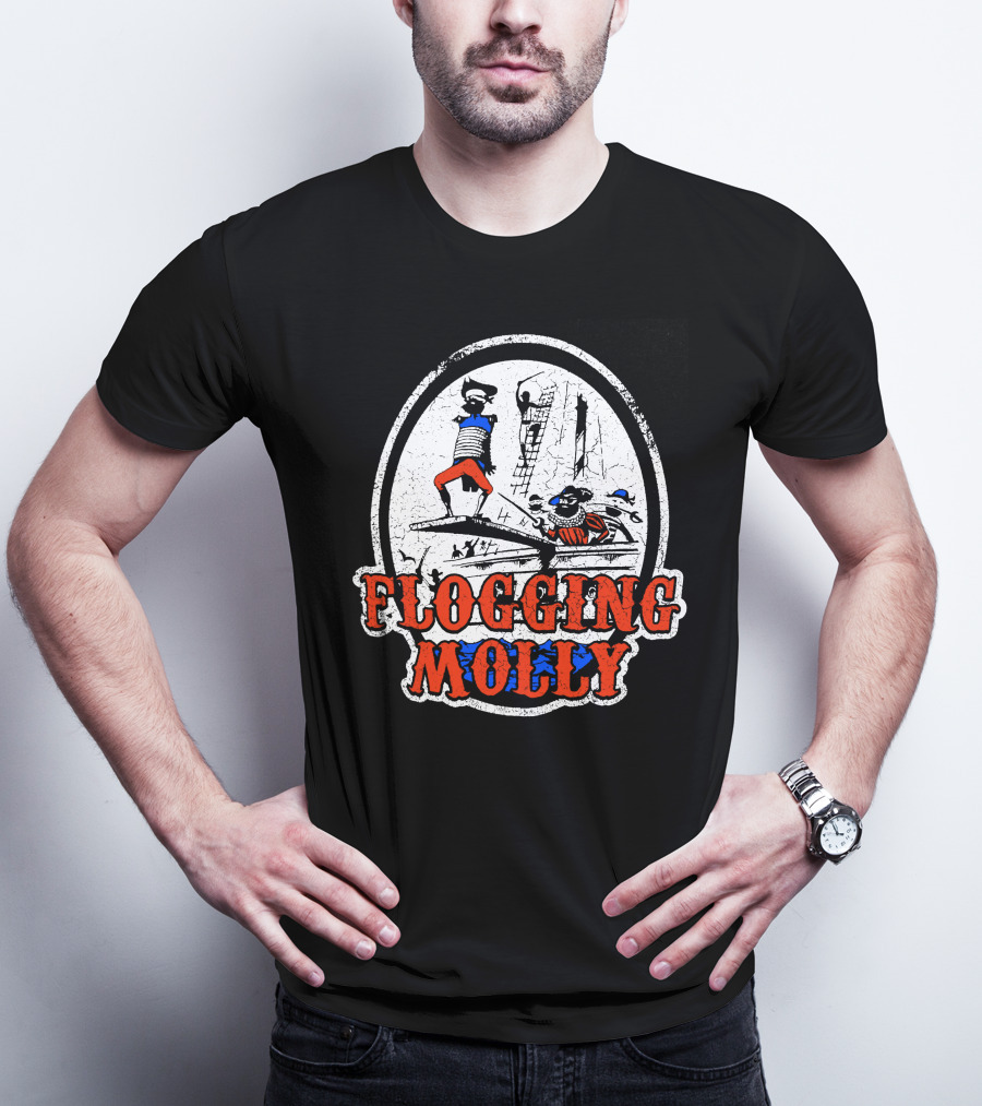 FLOGGING MOLLY Walk The Plank Pirate 7 Distressed Red And Blue T-Shirt